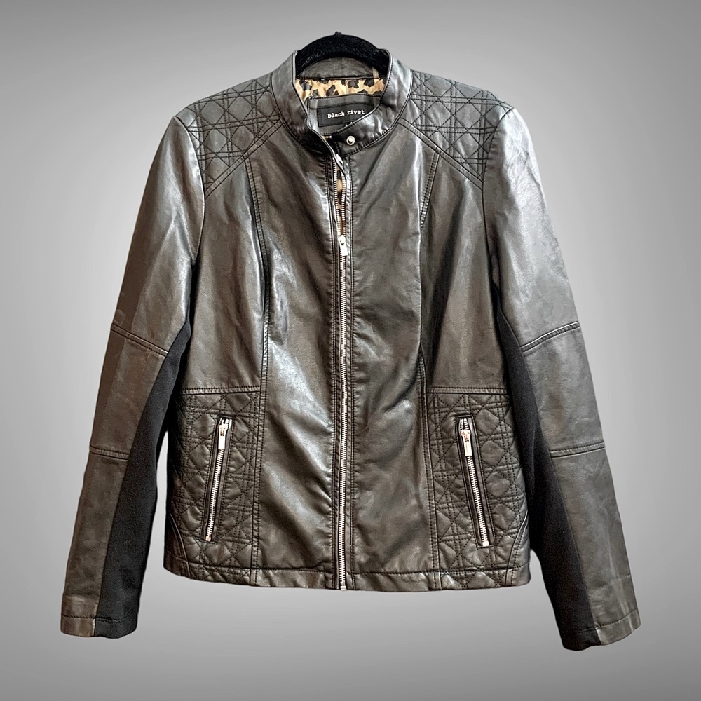 Black Rivet Faux Leather Moto Biker Jacket - Gem